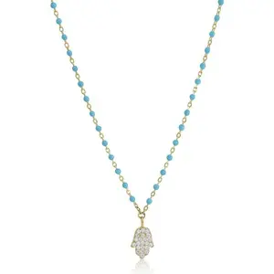 THE LOVERY Fine Jewelry Gold-plated Sterling Silver Beaded Hamsa Necklace - Blue Enamel