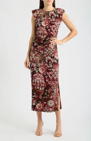 Vince Camuto Print Ruched Maxi Dress - Pmu