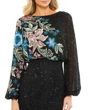 Mac Duggal Embellished Multi Color Floral High Neck Gown