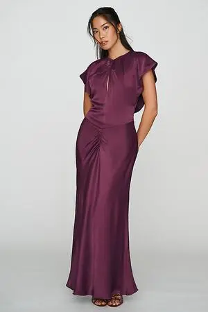 Bhldn Flutter-sleeve Floral Maxi Dress - Dark Wine