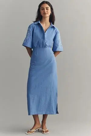 MON RENN Embroidered Linen Blend Midi Shirtdress