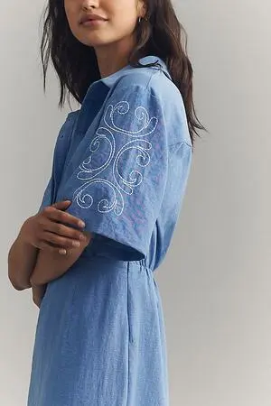 MON RENN Embroidered Linen Blend Midi Shirtdress