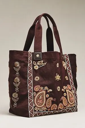 Anthropologie Beaded Cotton Canvas Tote Bag