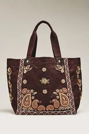 Anthropologie Beaded Cotton Canvas Tote Bag
