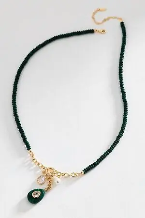 Anthropologie Beaded Charm Pendant Necklace Green