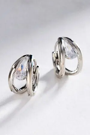 Anthropologie Crystal Huggie Hoop Earrings - Silver