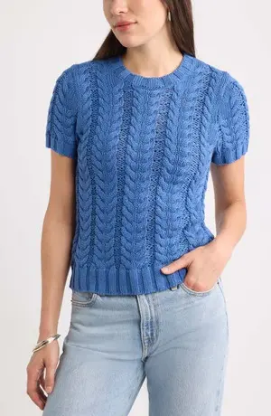 Caslon Cable Stitch Short Sleeve Cotton Sweater Blue Glory