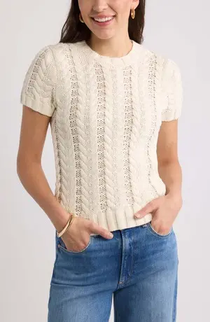 Caslon Cable Stitch Short Sleeve Cotton Sweater - Ivory Pristine