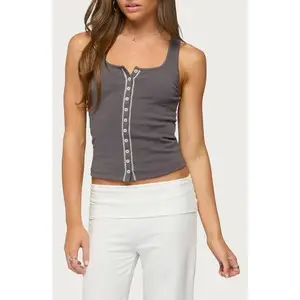 EDIKTED Contrast Button Up Ribbed Tank - Dark-gray