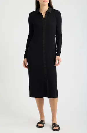 CLOTH & STONE Front Button Long Sleeve Rib Midi Dress