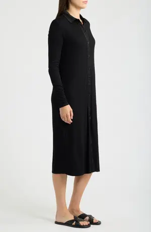 CLOTH & STONE Front Button Long Sleeve Rib Midi Dress