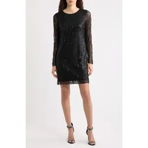 Sam Edelman Fringe Sequin Long Sleeve Dress - Black