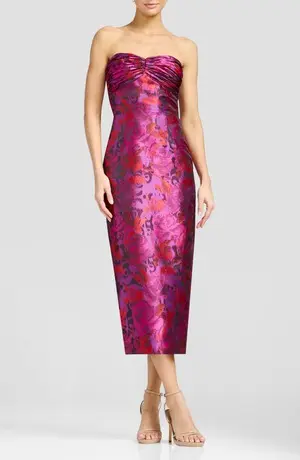 Dress The Population Dalia Floral Strapless Cocktail Midi Dress