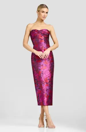 Dress The Population Dalia Floral Strapless Cocktail Midi Dress