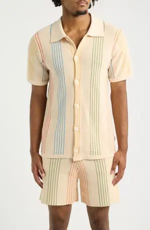 MAVRANS Sliced Knit Short Sleeve Button-up Shirt - Beige