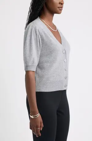 Caslon Wool & Cashmere Puff Sleeve Cropped Cardigan - Grey Heather