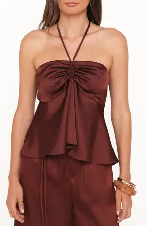 PETAL & PUP Vita Ruched Peplum Halter Top - Brown