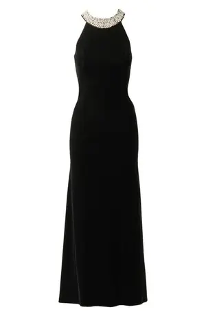 Adrianna Papell Beaded Neck Sleeveless Velvet Gown