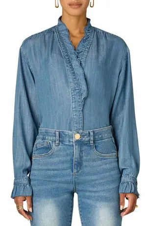 Wit & Wisdom Ruffle Neck Lyocell Chambray Shirt - Mid Blue