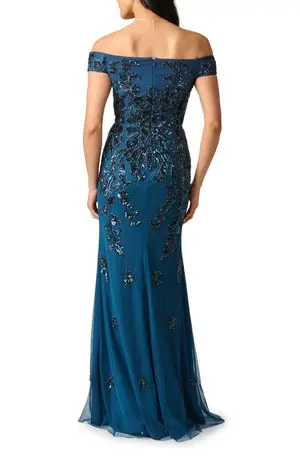 Adrianna Papell Beaded Off-the-shoulder Mermaid Gown