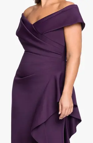 XSCAPE EVENINGS Off The Shoulder Ruffle Scuba Crepe Gown