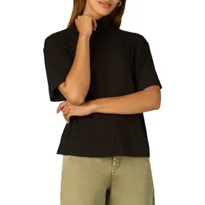 Wit & Wisdom Boxy Elbow Sleeve Turtleneck Top - Black