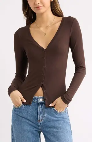 Bp. Rib Knit V-neck Cardigan Brown Coffee