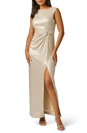 Adrianna Papell Drape Waist Metallic Sleeveless Gown - Light Gold