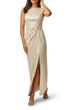 Adrianna Papell Drape Waist Metallic Sleeveless Gown