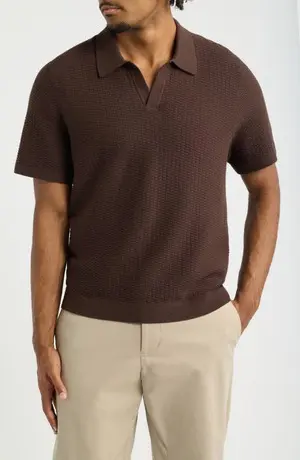OPEN EDIT Johnny Collar Textured Polo Sweater Brown Bean