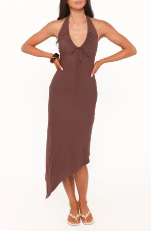 PETAL & PUP Jordie Halter Asymmetric Maxi Dress - Dark Brown