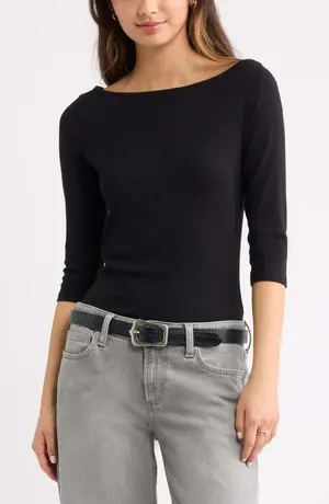 Bp. Boat Neck Three-quarter Sleeve Top Black