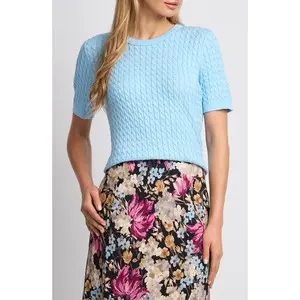 Halogen Cable Stitch Short Sleeve Crewneck Sweater - Blue Bell