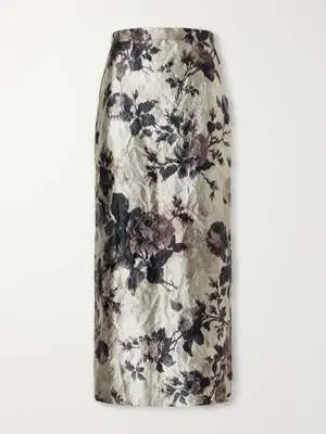 Erdem Floral-print Crinkle Satin Midi Skirt - Gray