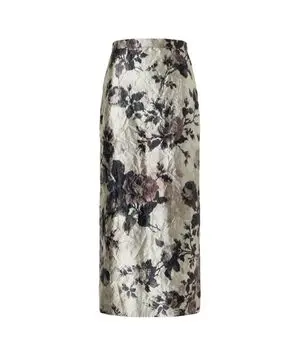 Erdem Floral Print Crinkle Satin Midi Skirt - Gray