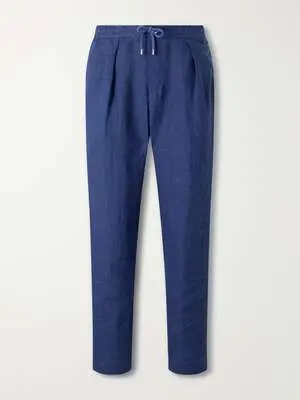 Ralph Lauren Purple Label Prince Of Wales Linen Straight-leg Pleated Drawstring Trousers - Navy