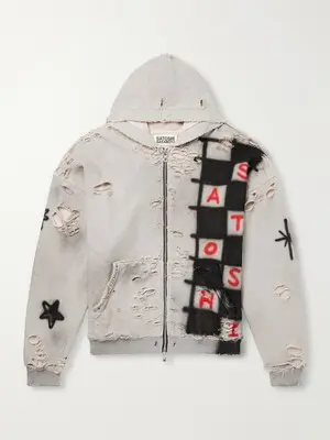 SATOSHI NAKAMOTO Get What I Want Distressed Embellished Cotton-jersey Zip-up Hoodie - Gray