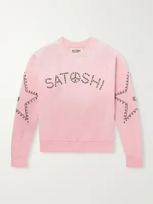 SATOSHI NAKAMOTO Distressed Studded Cotton-jersey Sweatshirt
