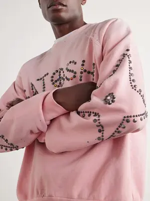 SATOSHI NAKAMOTO Distressed Studded Cotton-jersey Sweatshirt