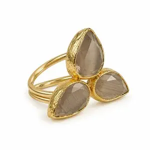 BY OZGE Neutrals Mystic Smoky Quartz Trinity Plated Adjustable Ring - Gold