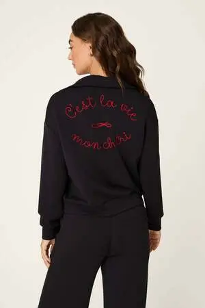PJ Salvage C'est La Vie" Embroidered Cotton Blend Quarter-zip Sweatshirt