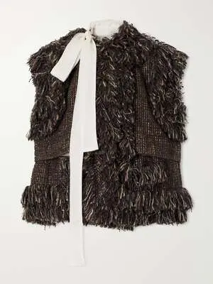 Sacai Bow-detailed Fringed Wool-blend Tweed Vest - Brown