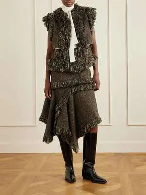 Sacai Bow-detailed Fringed Wool-blend Tweed Vest