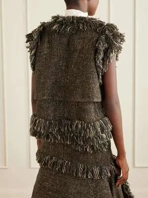 Sacai Bow-detailed Fringed Wool-blend Tweed Vest