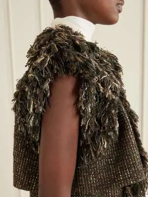 Sacai Bow-detailed Fringed Wool-blend Tweed Vest