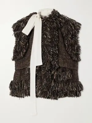Sacai Bow-detailed Fringed Wool-blend Tweed Vest - Brown