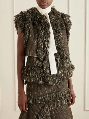 Sacai Bow-detailed Fringed Wool-blend Tweed Vest