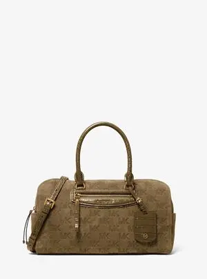 Michael Kors Jet Set Travel Medium Logo Embossed Suede Duffel Crossbody Bag - Green