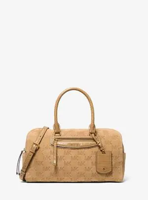 Michael Kors Jet Set Travel Medium Logo Embossed Suede Duffel Crossbody Bag - Natural