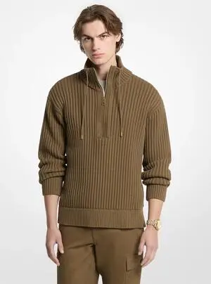 Michael Kors Textured Cotton Blend Funnel-neck Quarter Zip Sweater